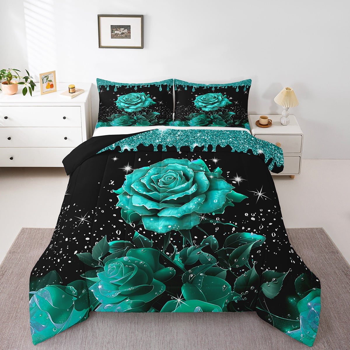 Teal Rose Queen Comforter Set Glitter Galaxy Bedding Sets,Sequins Fluid ...