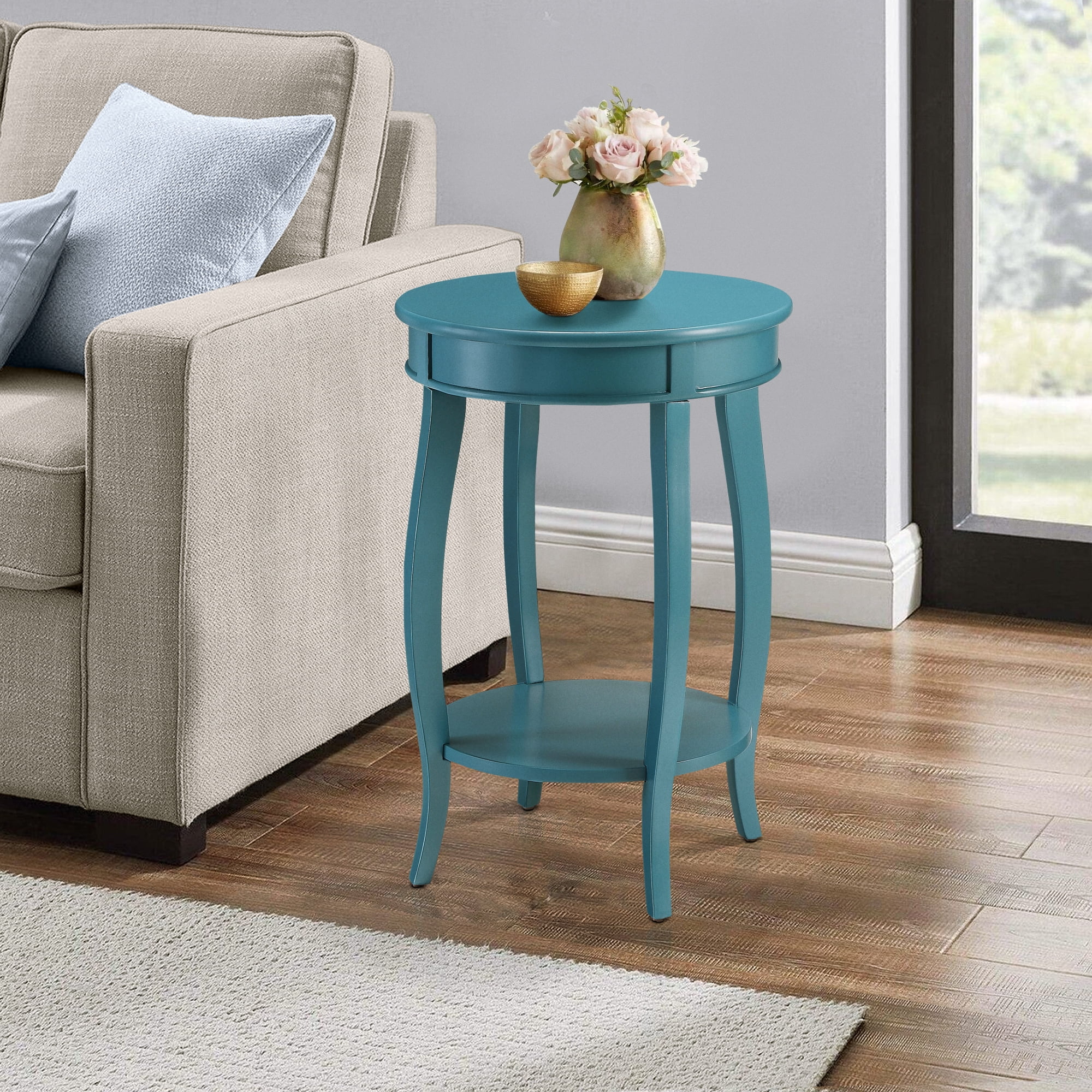 Teal Round Side Table with Bottom Shelf,Teal Wood Furniture Primary Living Space Tables ...