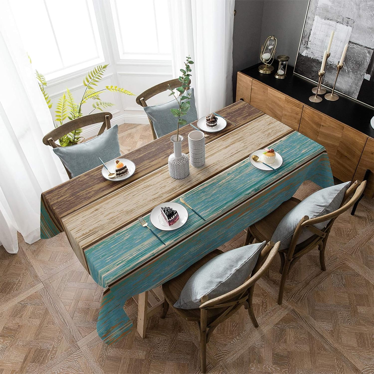 Teal Rustic Tablecloth Waterproof For Square/Round/Rectangle Table ...