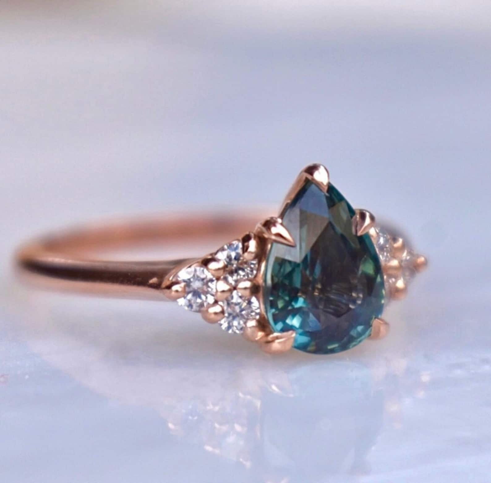 Teal Sapphire Engagement Ring Pear Shape 14K Rose Gold Plated Teal ...