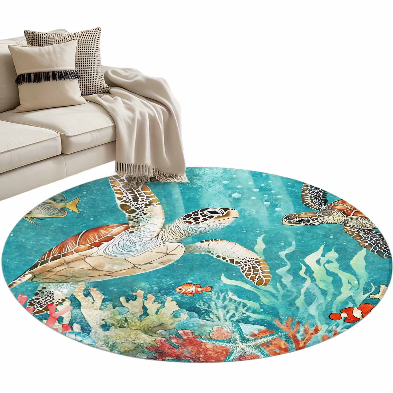 Teal Sea Turtle Area Rug, Retro Ocean Fish Seashell Coral Nautical ...