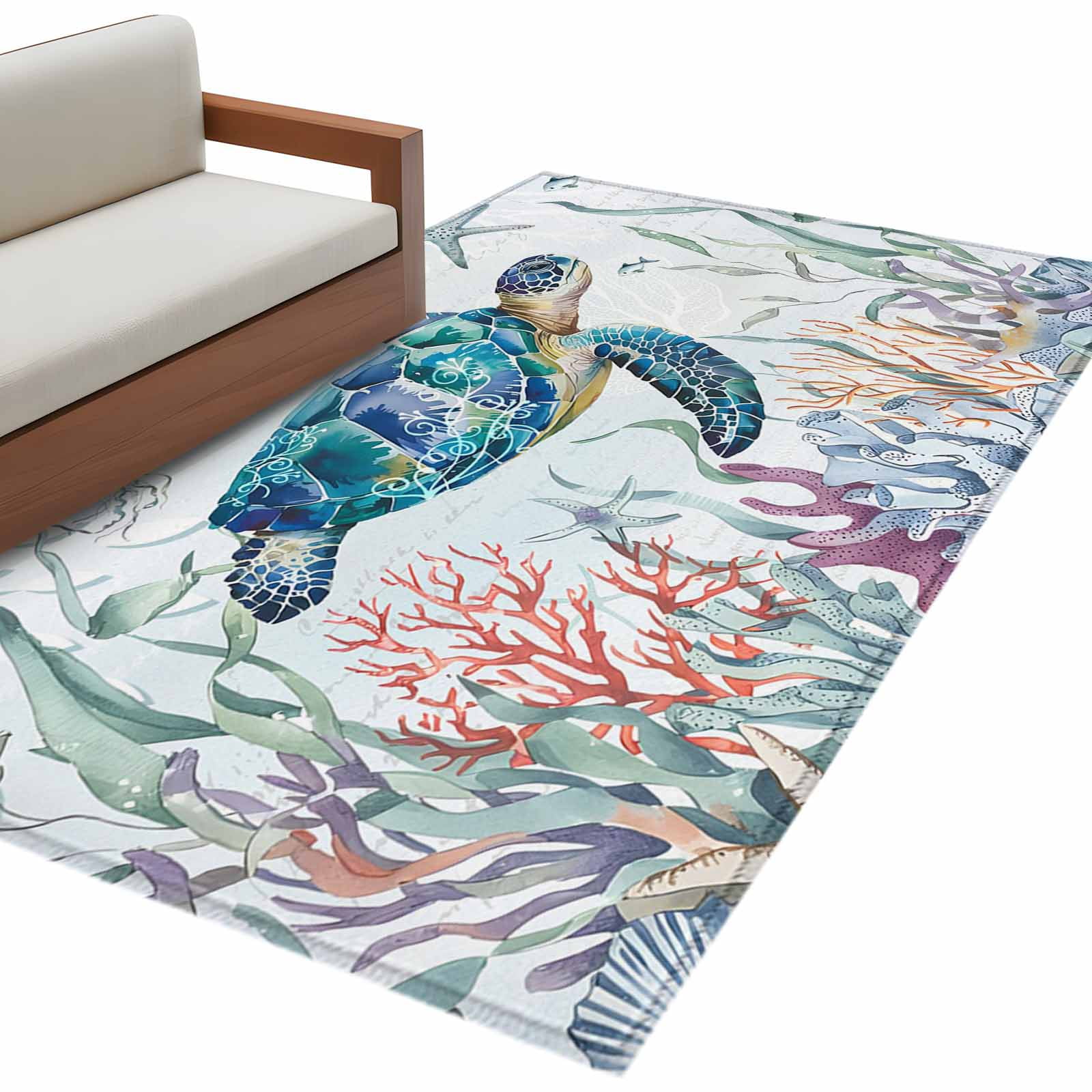 Teal Sea Turtle Coastal 3'x5' Washable Rug, Summer Beach Ocean Coral ...