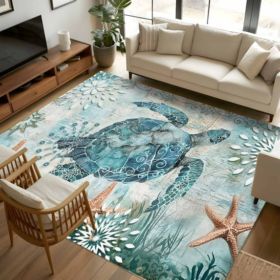Teal Sea Turtle Coastal 5x8 Area Rugs, Nautical Summer Beach Starfish ...