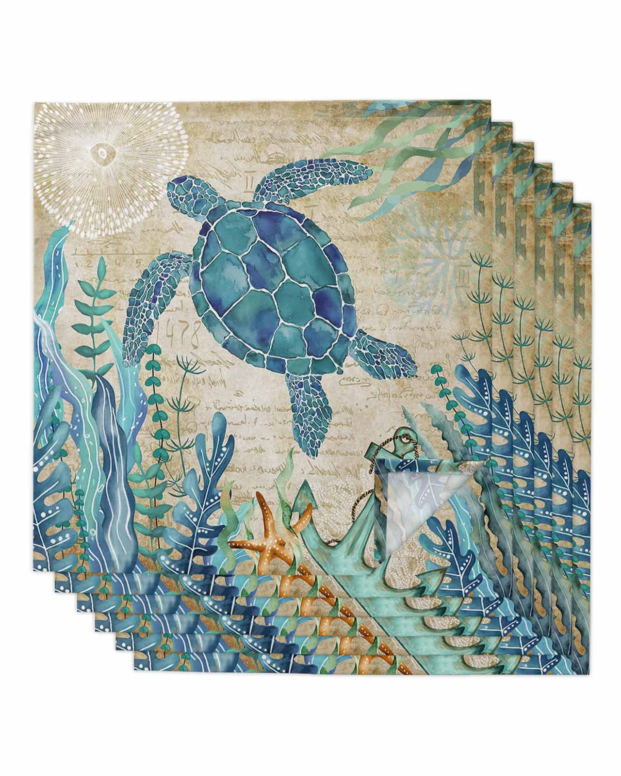 Teal Sea Turtle Coastal Cloth Napkins Set of 6 Reusable Dinner Napkins ...