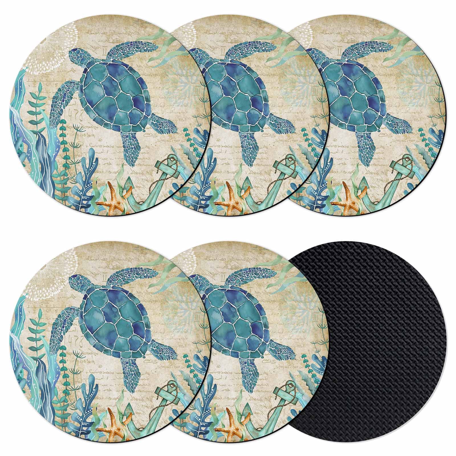 Teal Sea Turtle Coastal Coasters Set of 6, Absorbent Coasters for ...