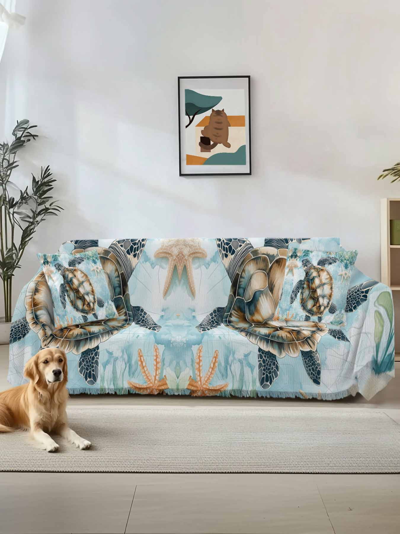 Teal Sea Turtle Coastal Couch Cover for 2 Cushion Sofa, Summer Beach ...