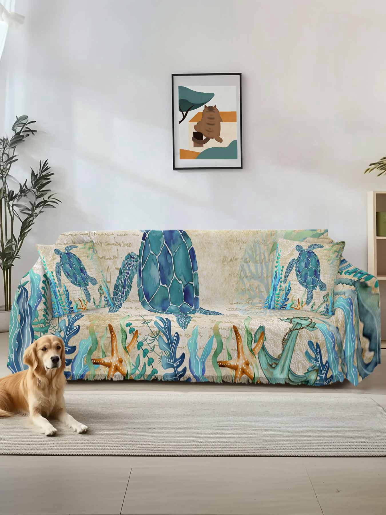 Teal Sea Turtle Coastal Couch Cover, Vintage Summer Beach Seaweed ...