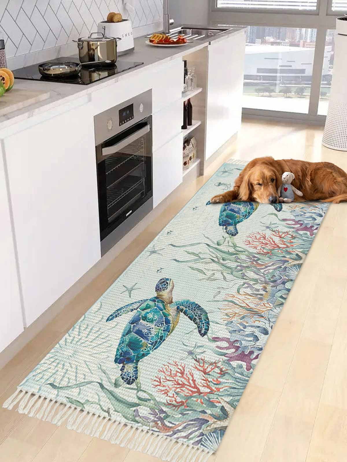 Teal Sea Turtle Coastal Entryway Runner Rug 2x4ft,Summer Beach Ocean ...