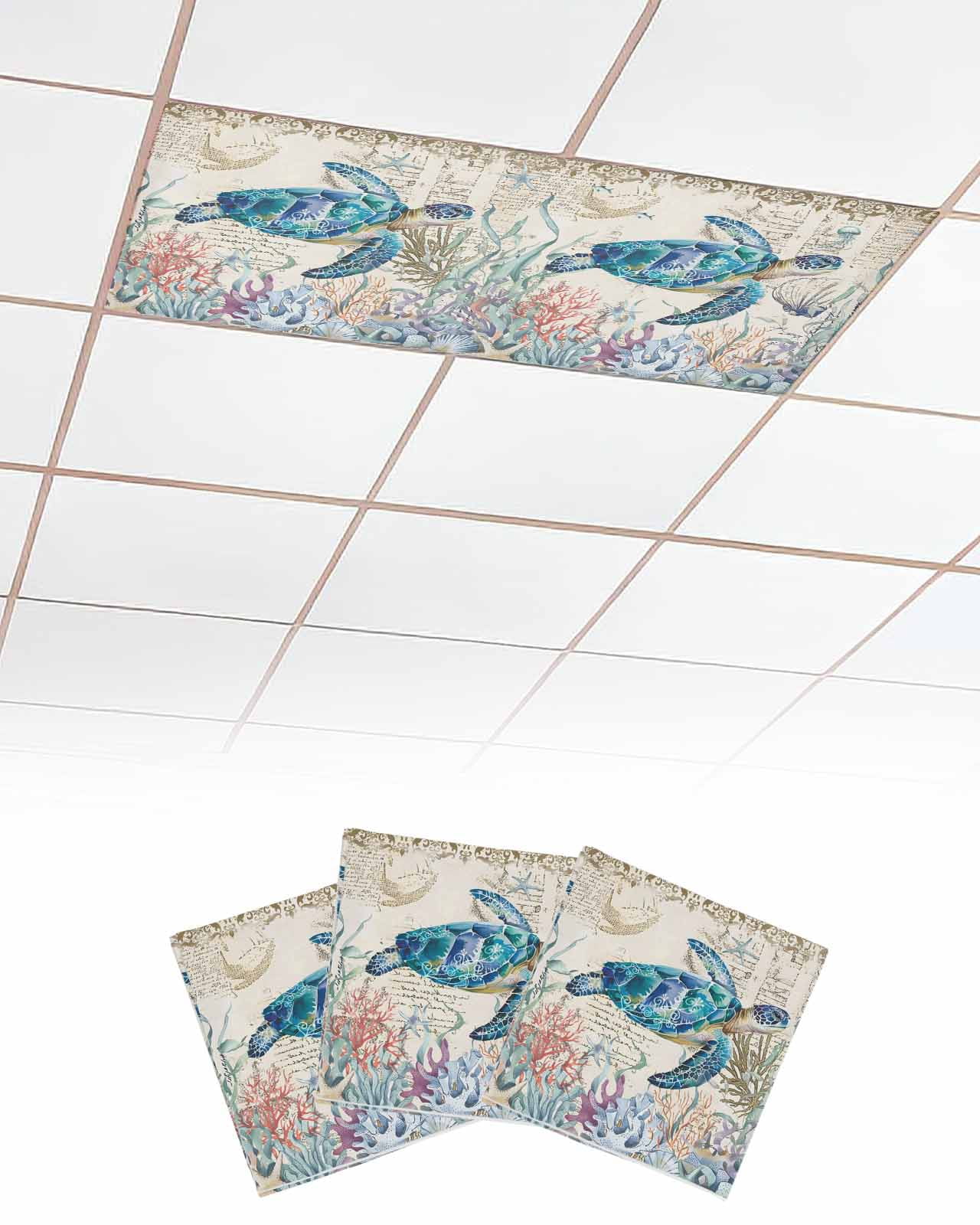 Teal Sea Turtle Coastal Fluorescent Light Covers for Ceiling Lights 4x2 ...