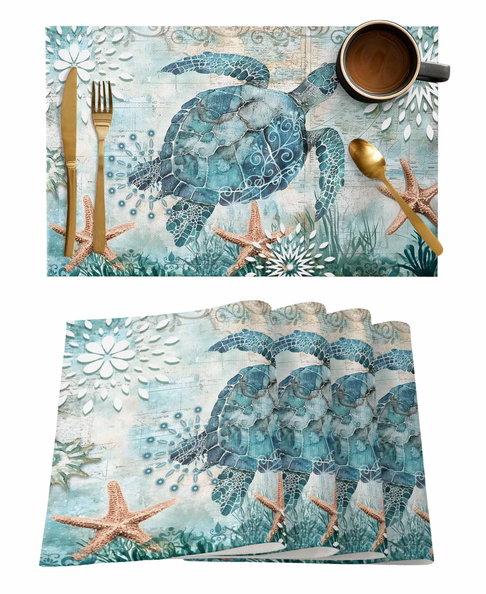 Teal Sea Turtle Coastal Placemats Set of 6, Nautical Summer Beach ...