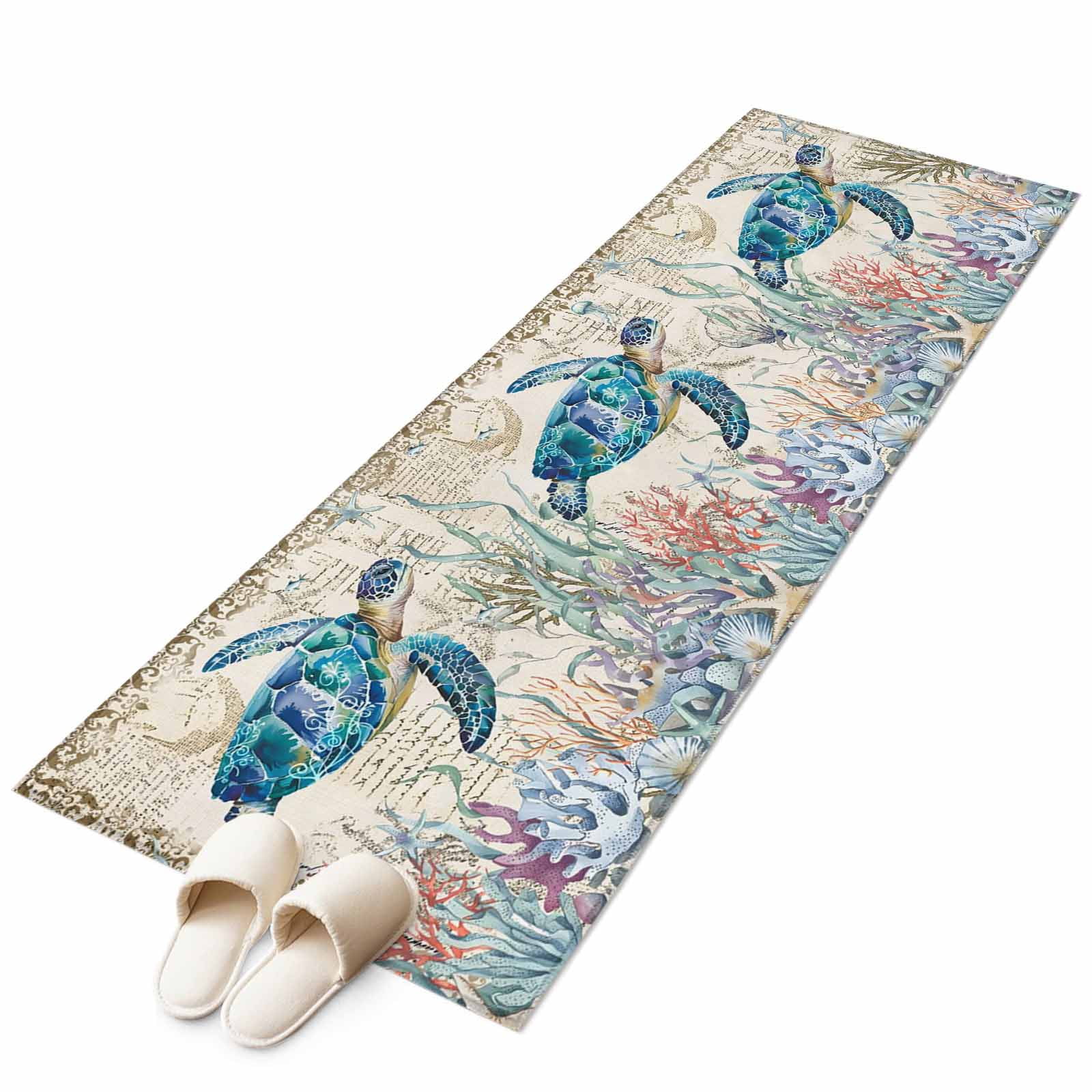 Teal Sea Turtle Coastal Runner Rug 2x6 FT,Non Slip Hallway Carpet,Retro ...