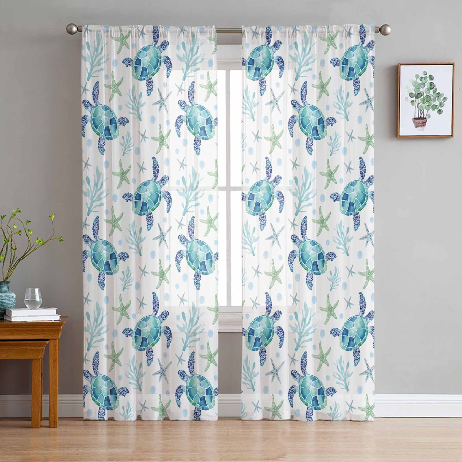 Teal Sea Turtle Coastal Sheer Curtains 96 Inches Long 2 Panels Set, Window Sheer Curtains for ...