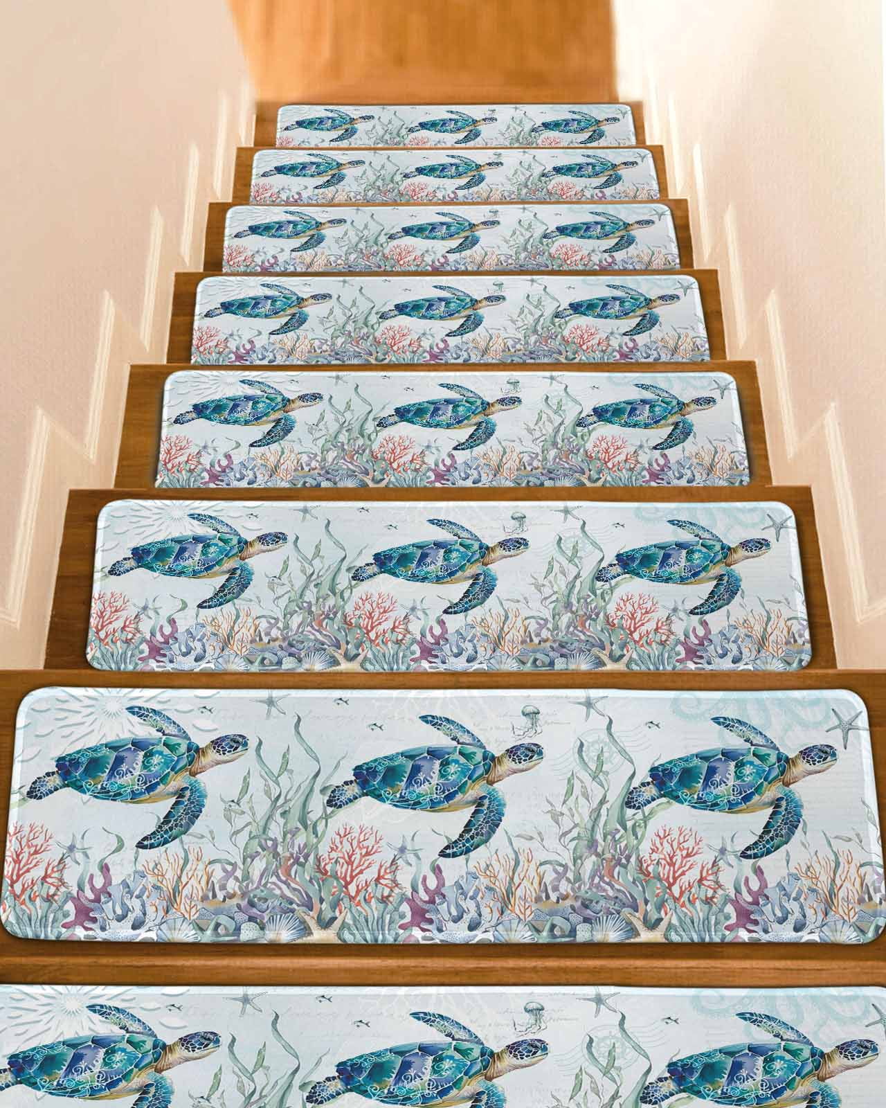 Teal Sea Turtle Coastal Stair Treads for Wooden Steps Indoor Runner Rug ...