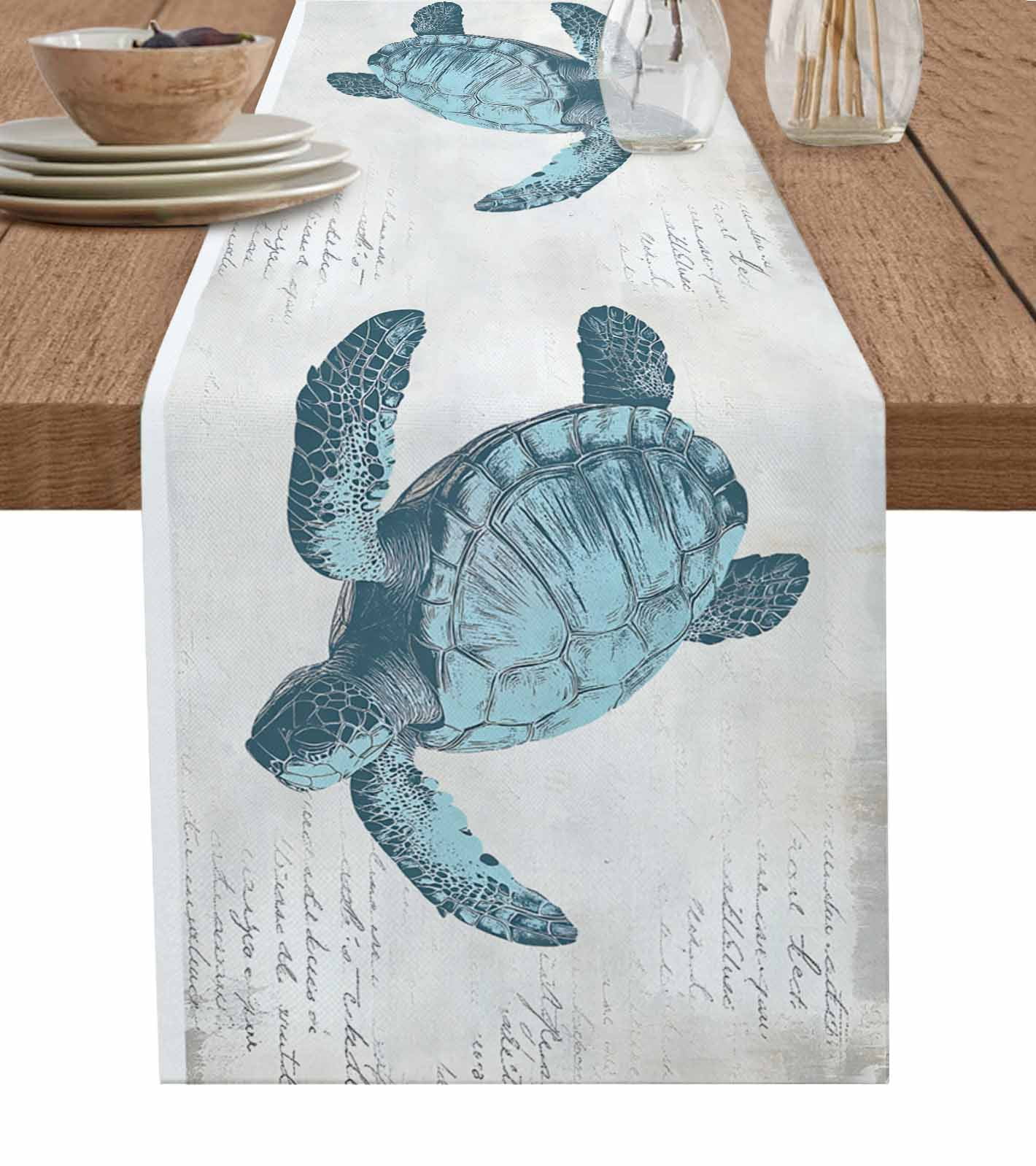Teal Sea Turtle Coastal Table Runner 72 Inches, Summer Beach Ocean ...