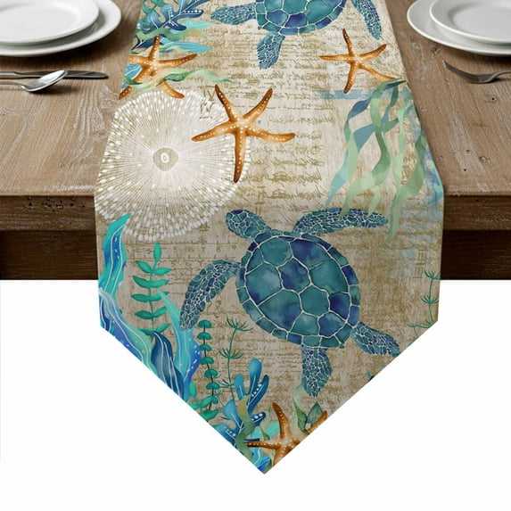 Teal Sea Turtle Coastal Table Runner Linen Burlap Table Runner 90 ...