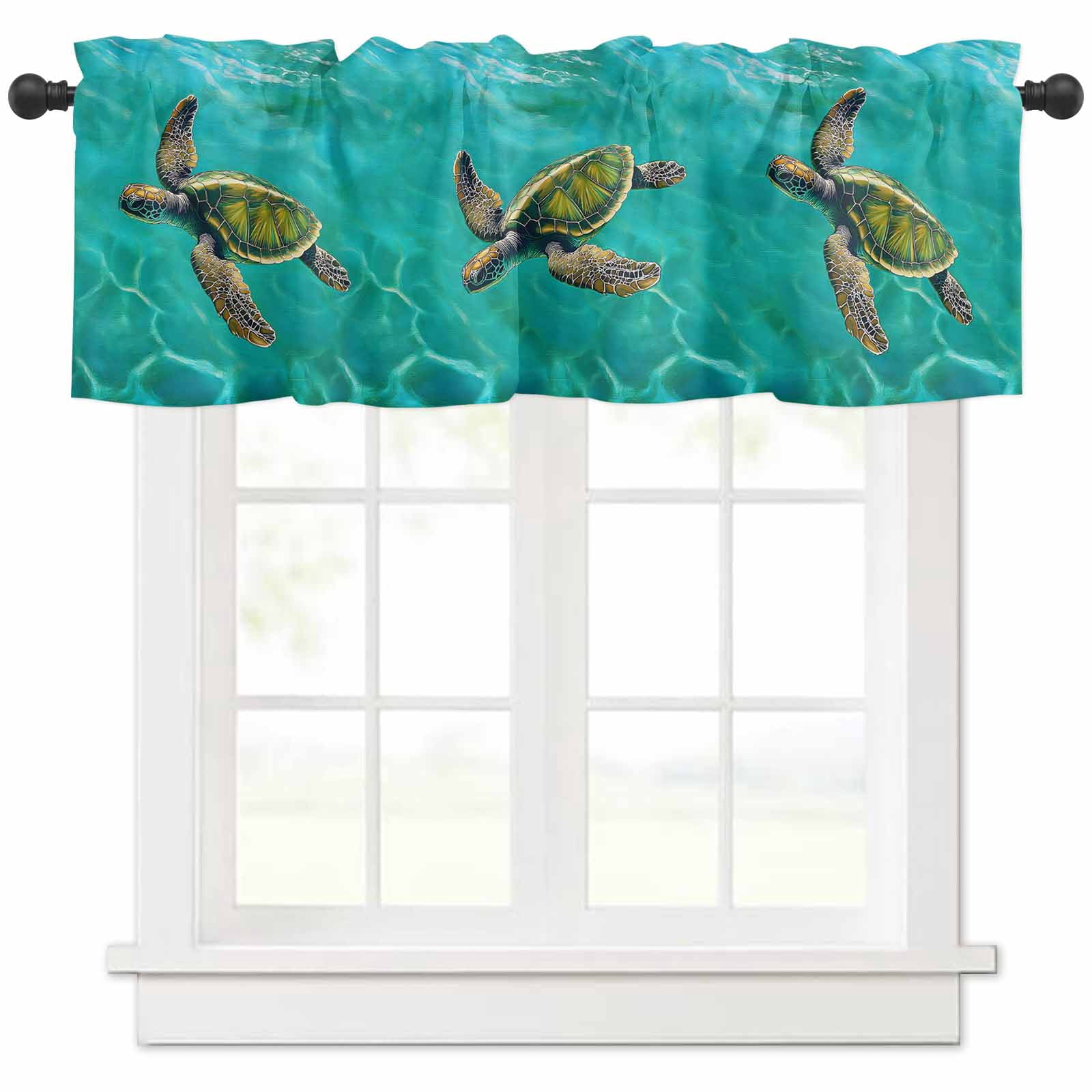 Teal Sea Turtle Coastal Valances for Windows Farmhouse Kitchen Curtains ...