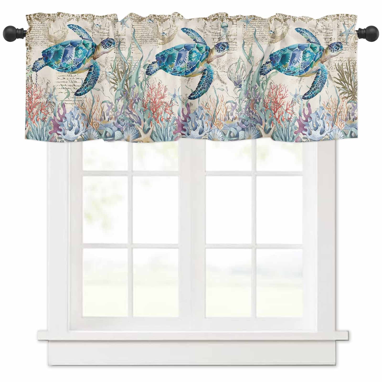 Teal Sea Turtle Coastal Valances for Windows Farmhouse Kitchen Curtains ...