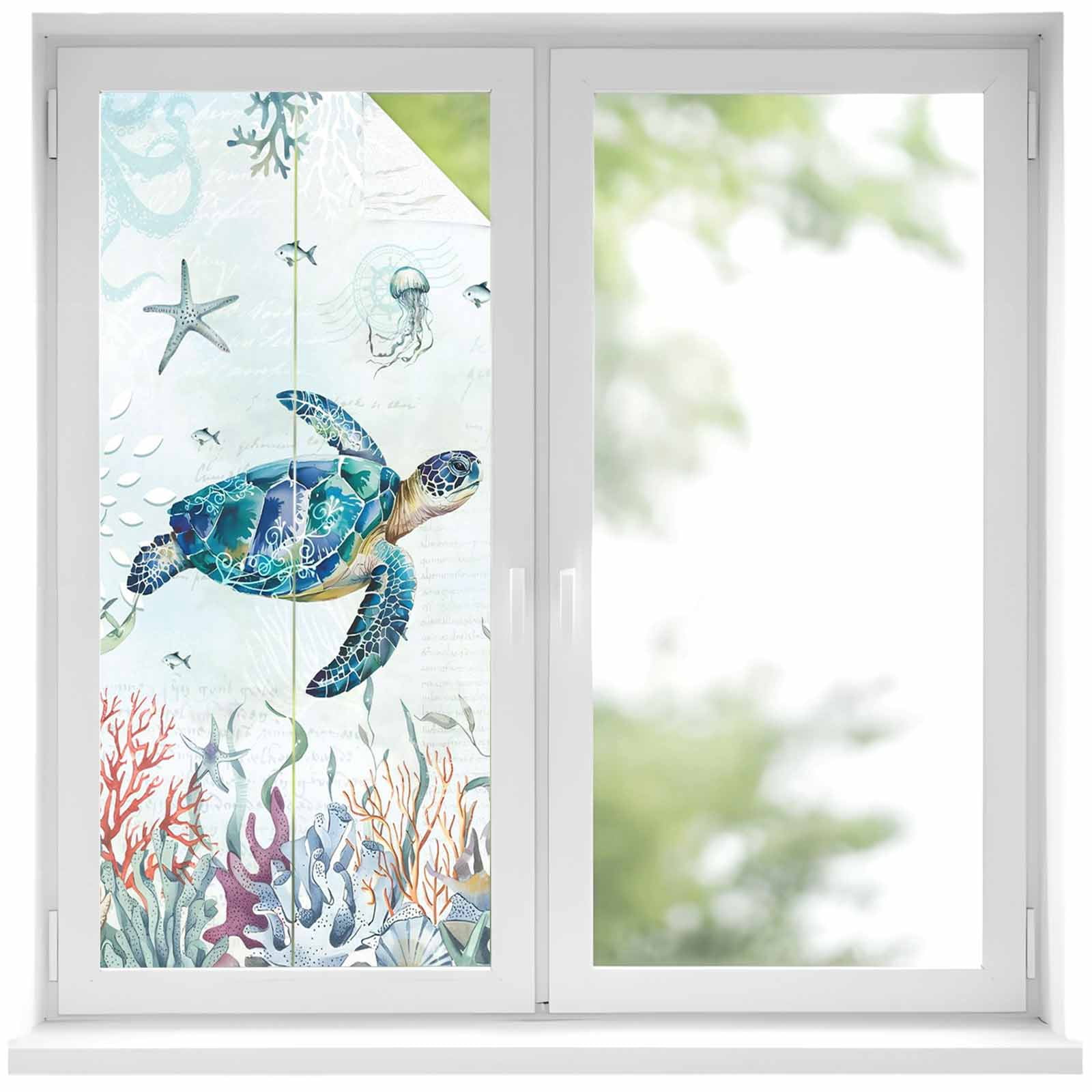 Teal Sea Turtle Coastal Window Privacy Film, Summer Beach Ocean Coral ...