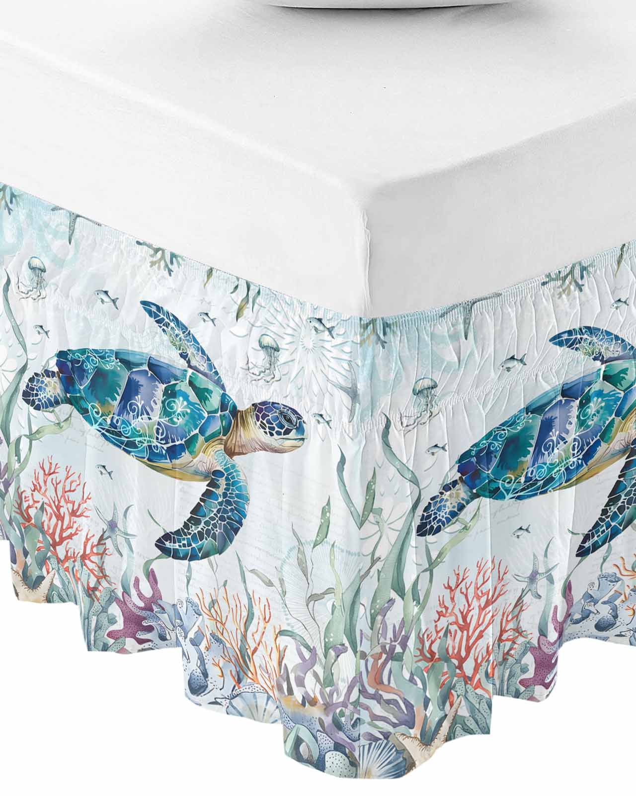 Teal Sea Turtle Coastal Wrap Around Bed Skirts for Queen Bed 18" Drop ...