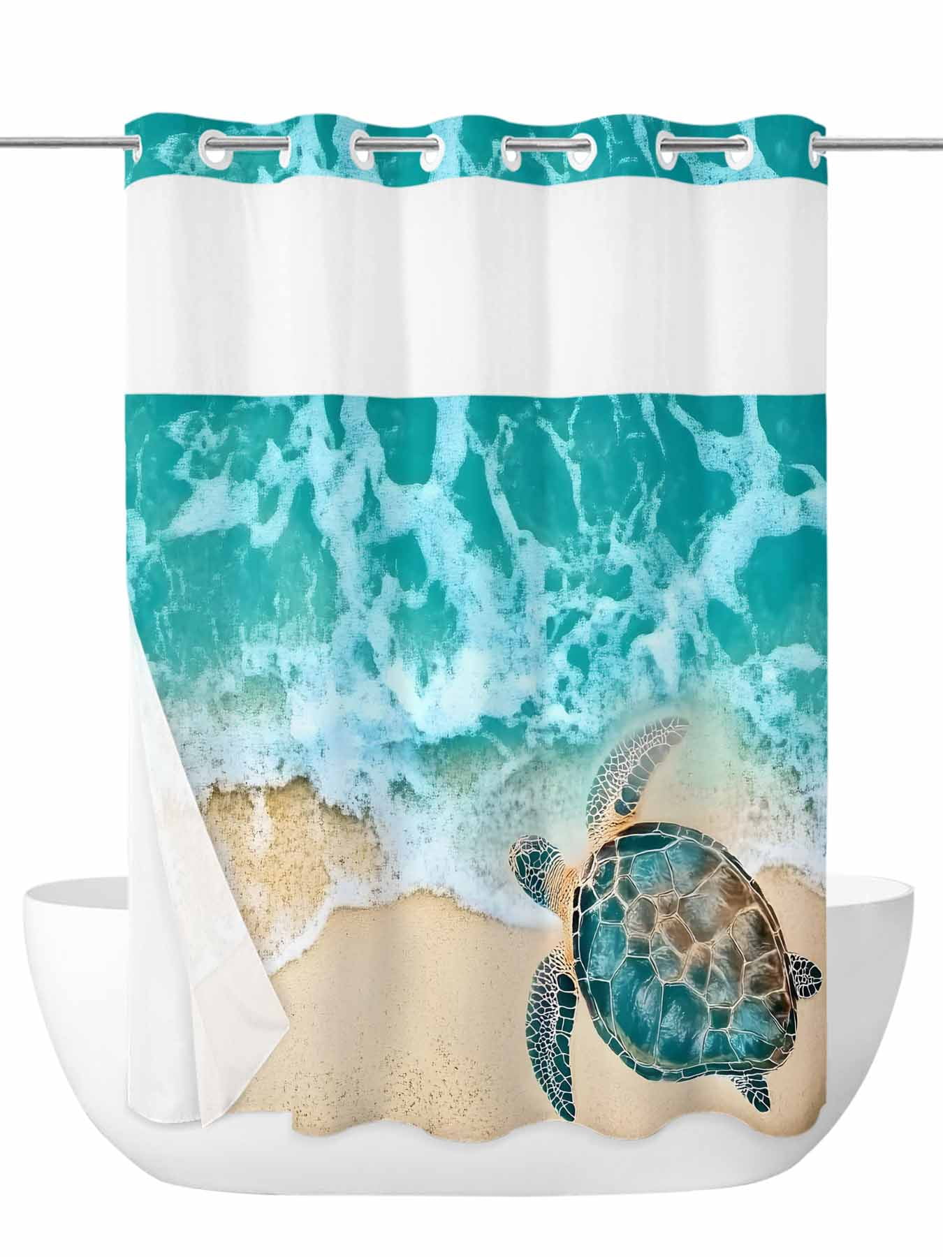 Teal Sea Turtle No Hook Shower Curtain and Liner Set Beach Ocean Wave ...