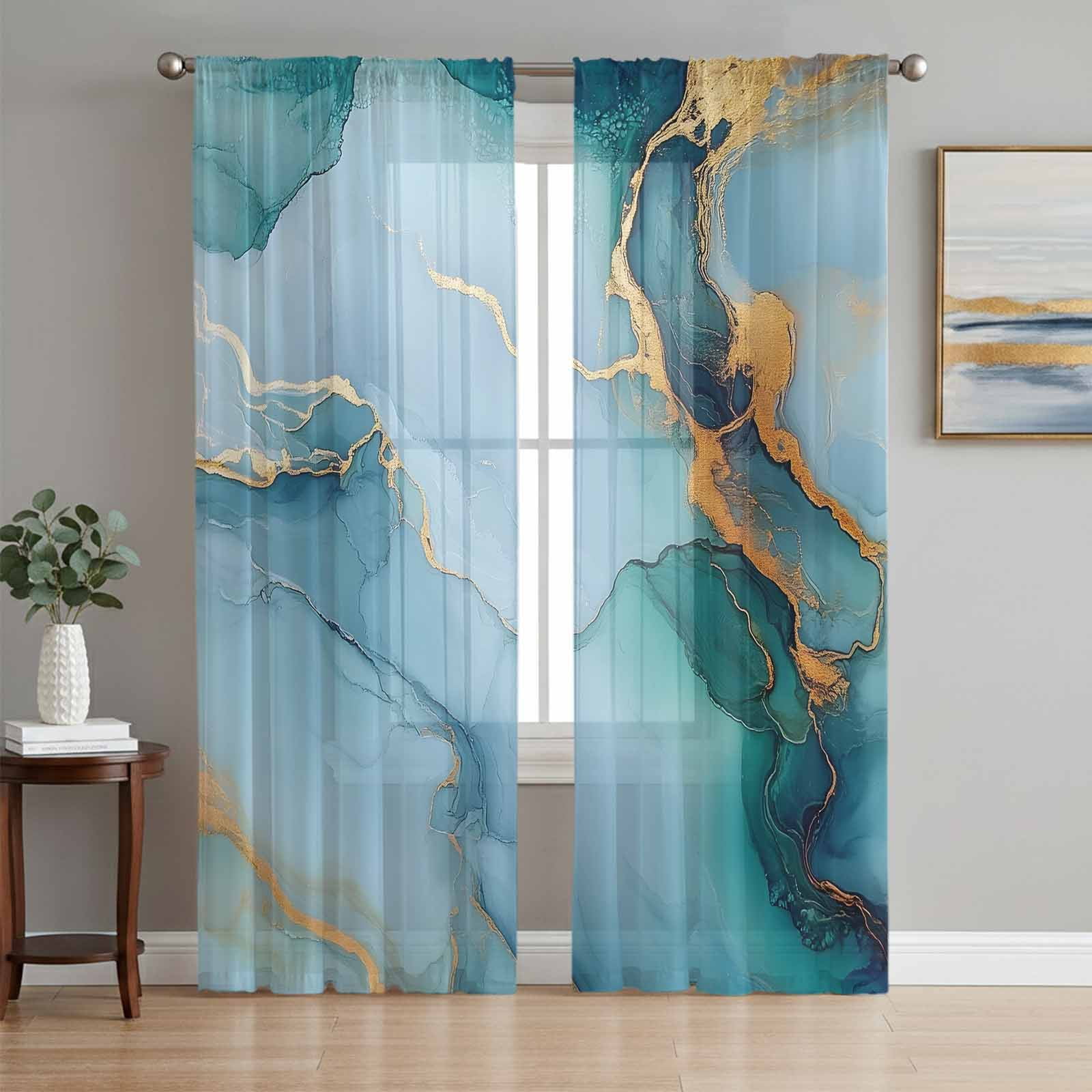 Teal Sheer Curtains 96 Inch Length 2 Panels Set, Luxury Marble Golden ...