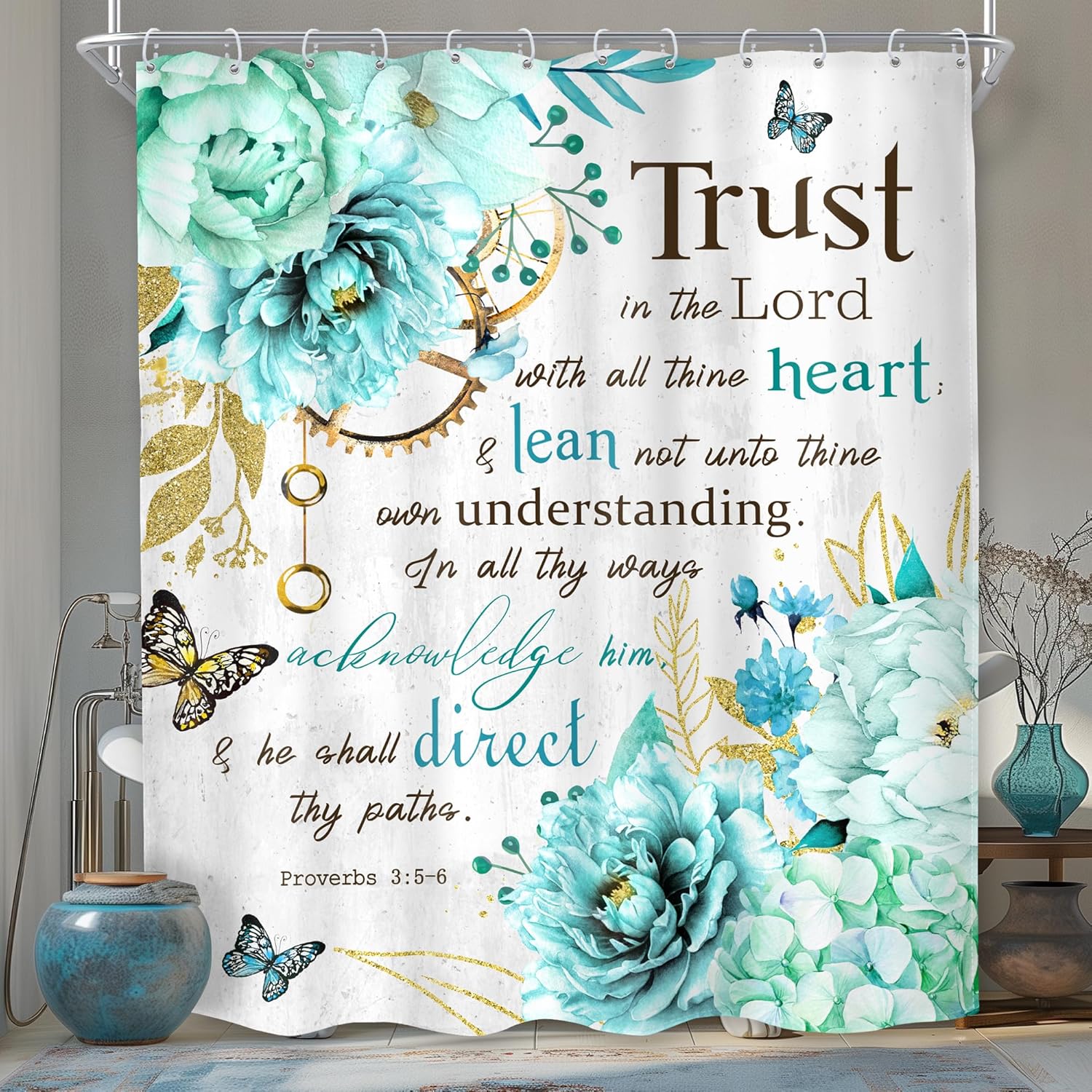 Teal Shower Curtain 60Wx72H Farmhouse Flower Christian Bible Verse ...