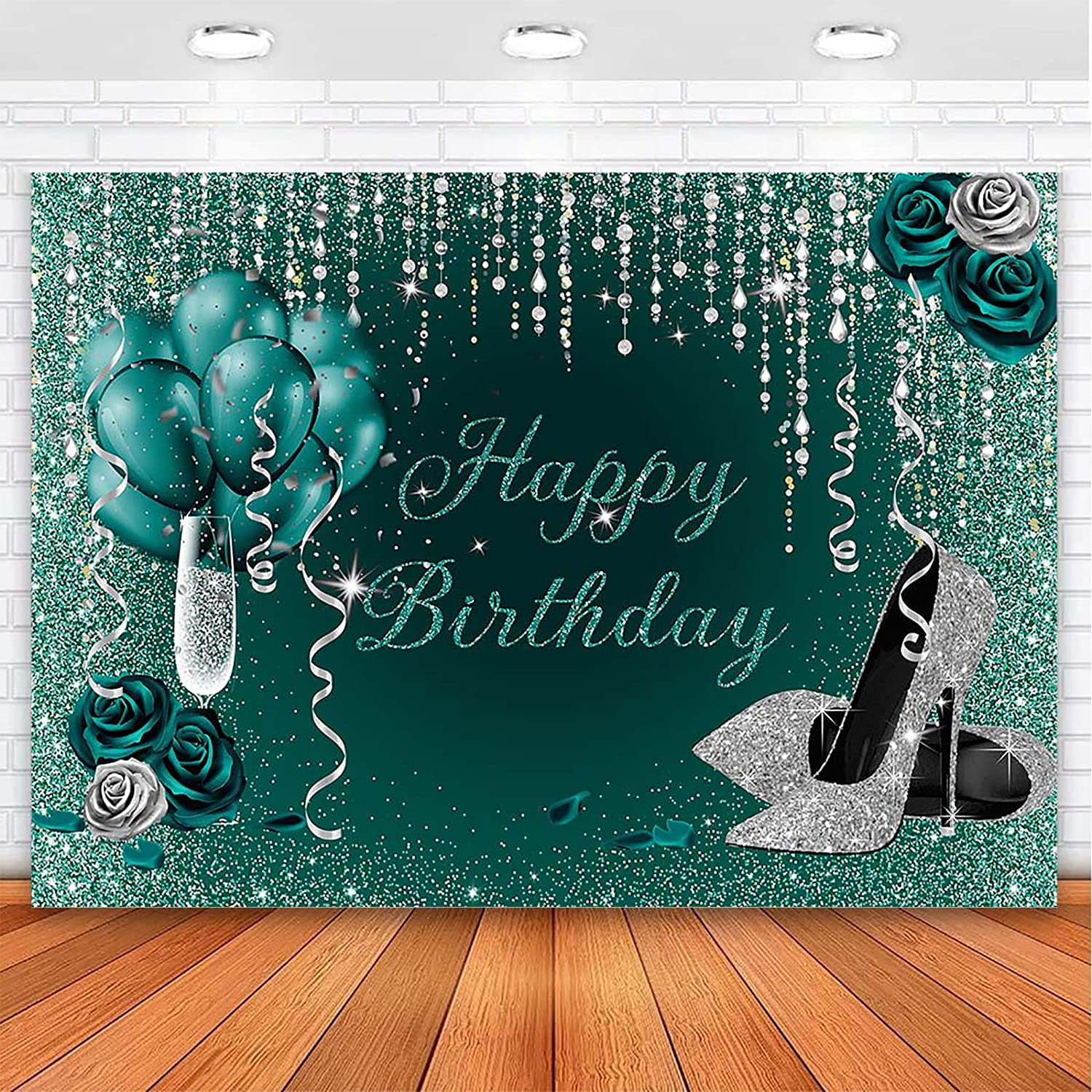 Teal Silver Birthday Backdrop Glitter Turquoise Dots Silver High Heels ...
