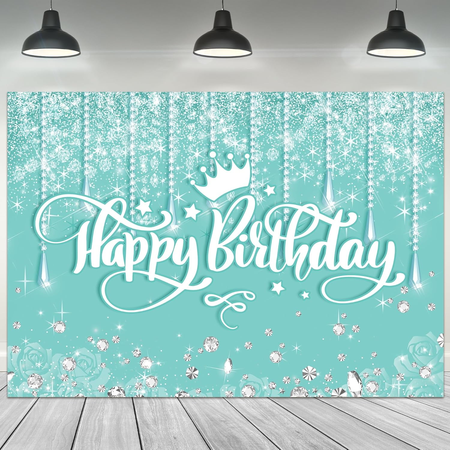 Teal and Silver Happy Birthday Backdrop Mint Blue Turquoise Theme Party Banner for Girls Women's ...