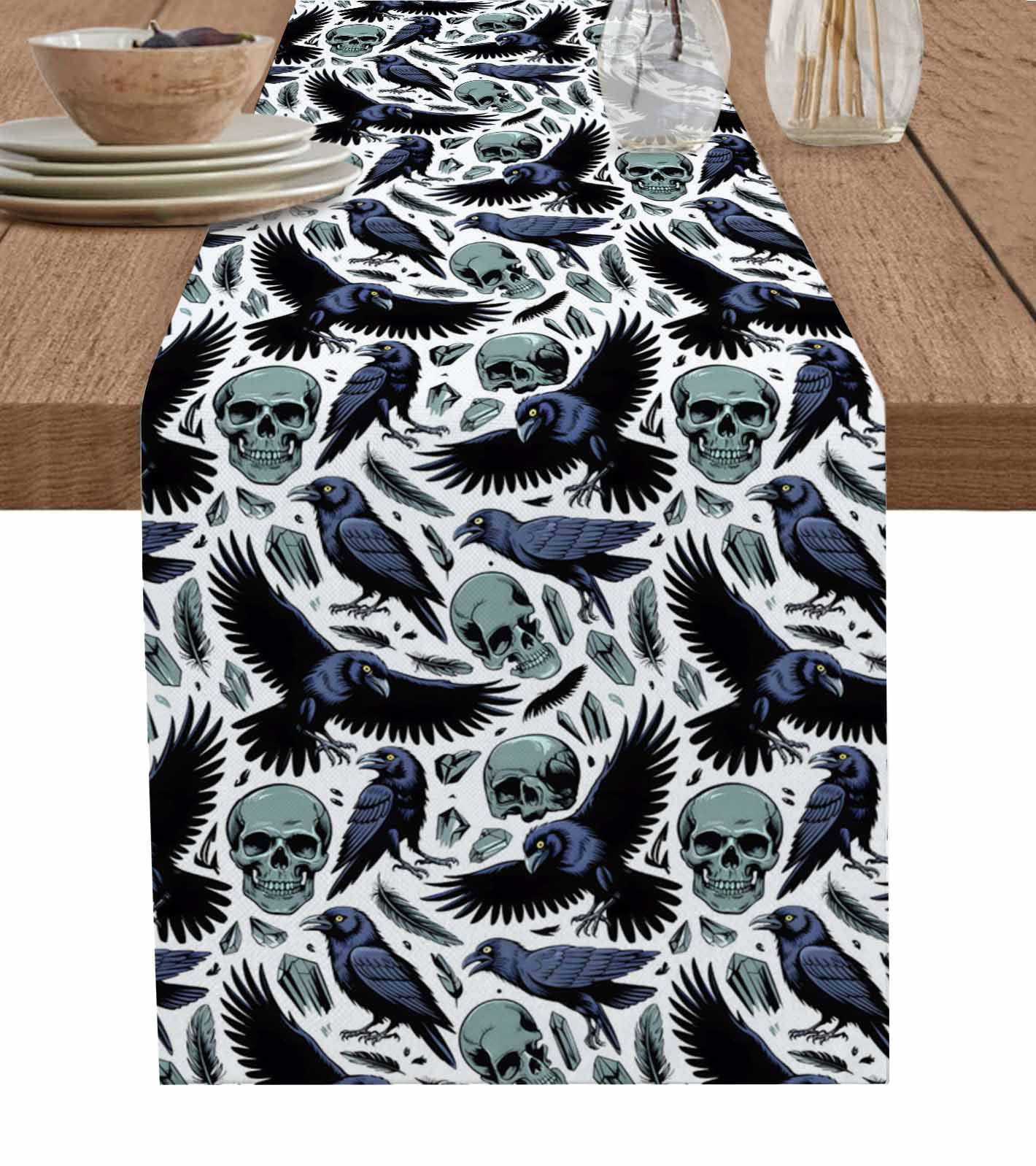 Teal Skull Halloween Table Runner 120 Inches, Navy Blue Birds Vintage ...