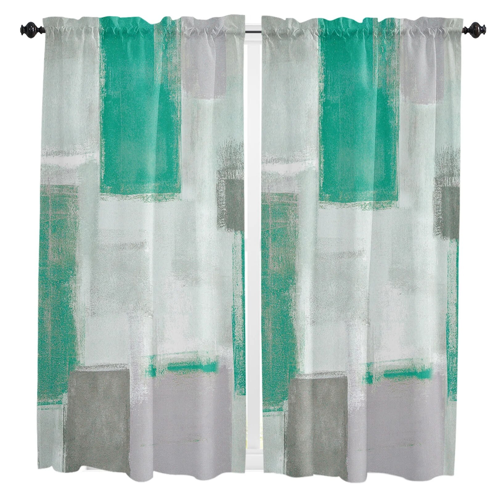 Teal Smear Paint Square Small Curtain Rod Pocket Short Curtains Half ...