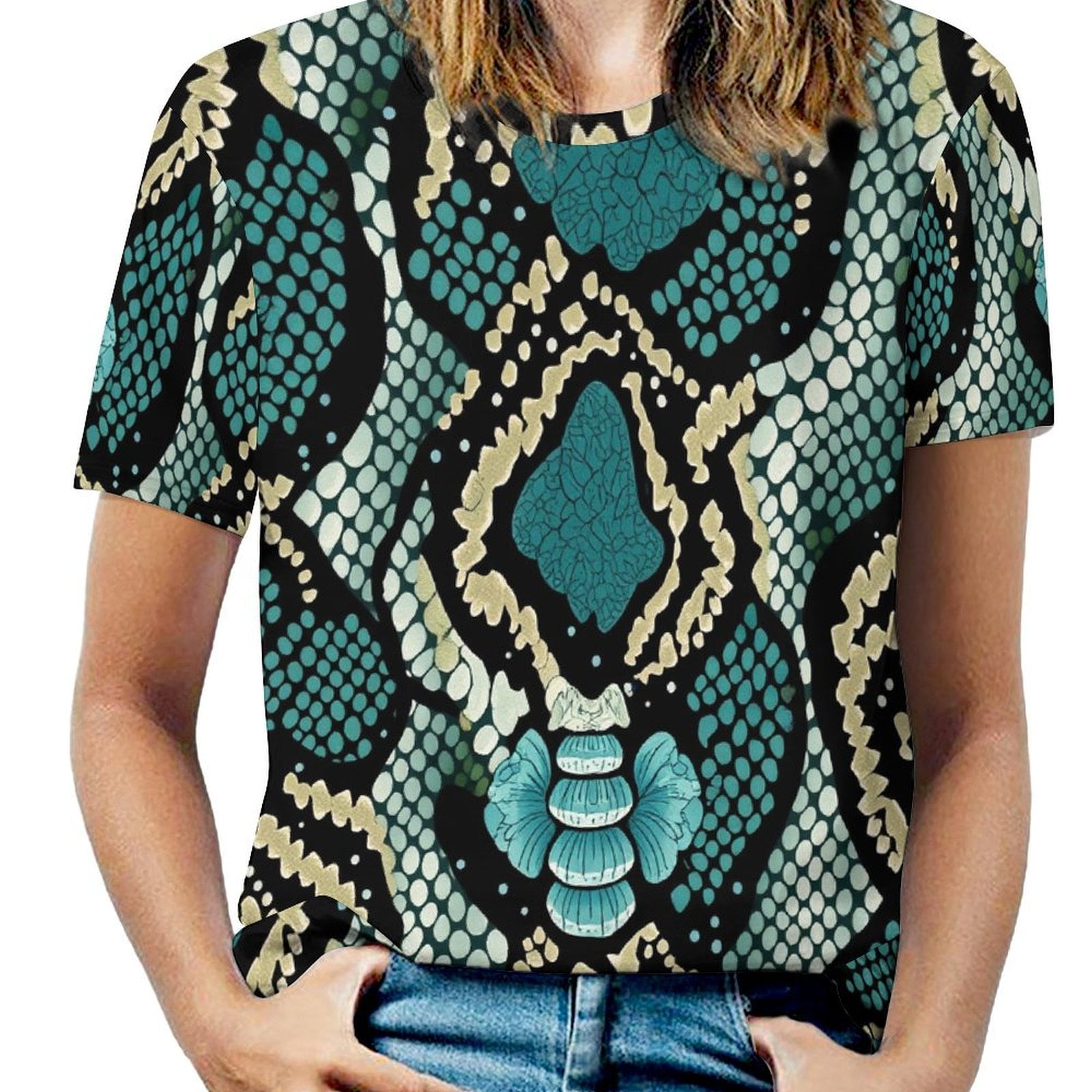 Teal Snake Skin Pattern T Shirt Women Short Sleeve Overd Tee Shirt Clothes Birthday Present ...