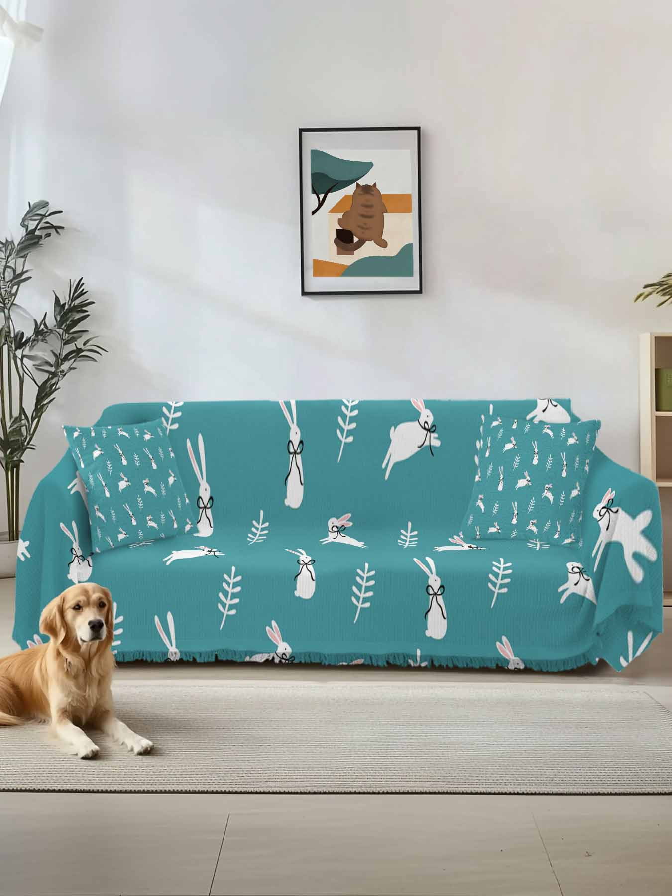 Teal Spring Easter Couch Cover for 2 Cushion Sofa, Cute Bunny Botanical ...