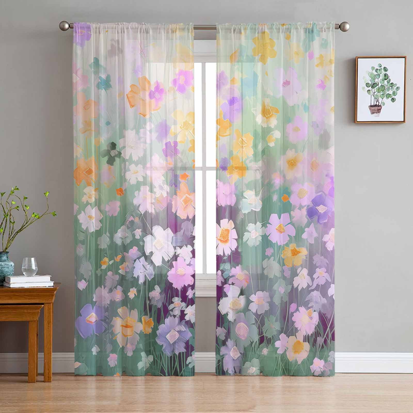 Teal Spring Floral Sheer Curtains 63 Inch Length 2 Panels Set for ...