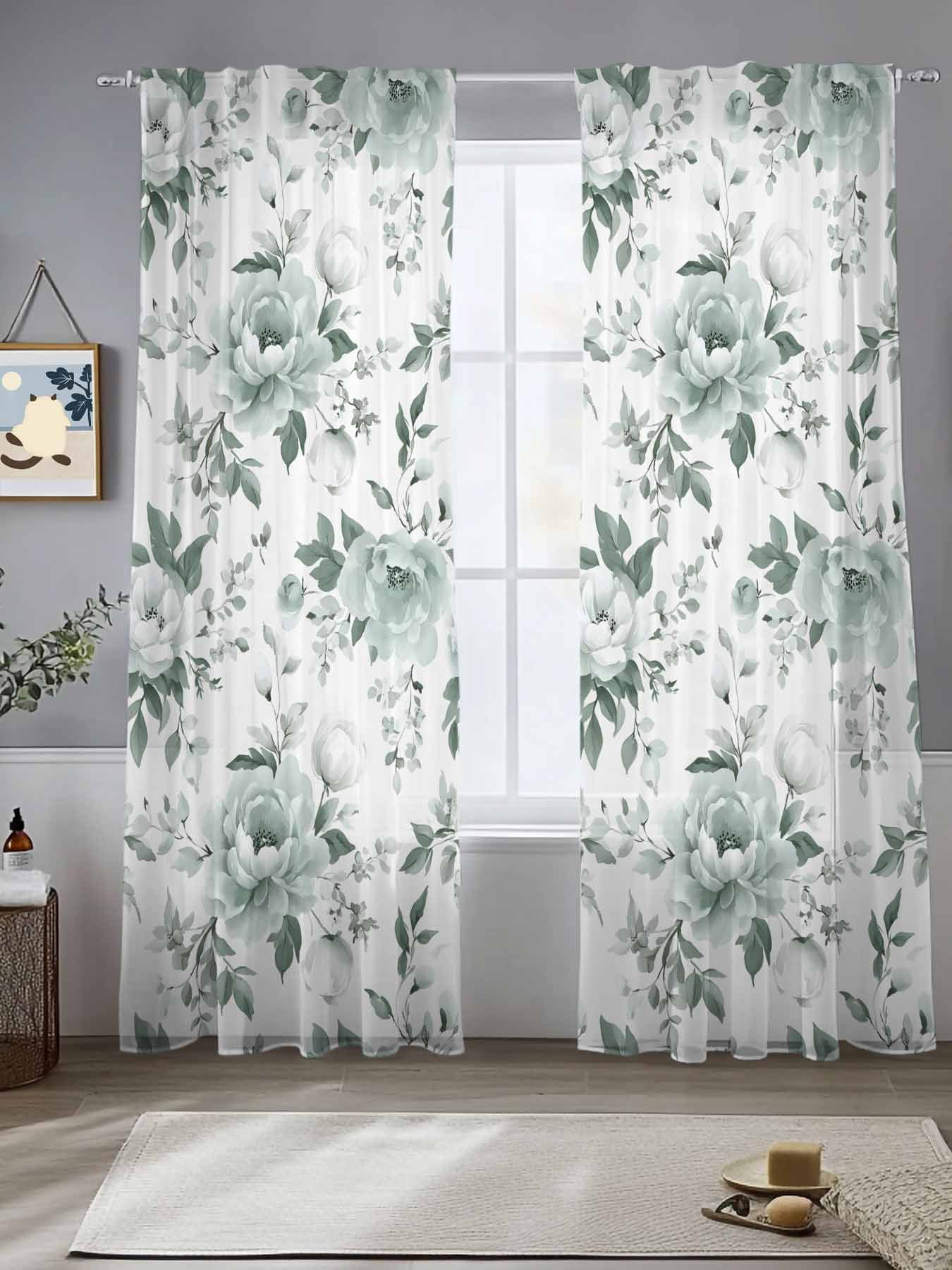 Teal Spring Floral Sheer Curtains for Living Room Bedroom Pastoral Flowers Watercolor Sheer ...