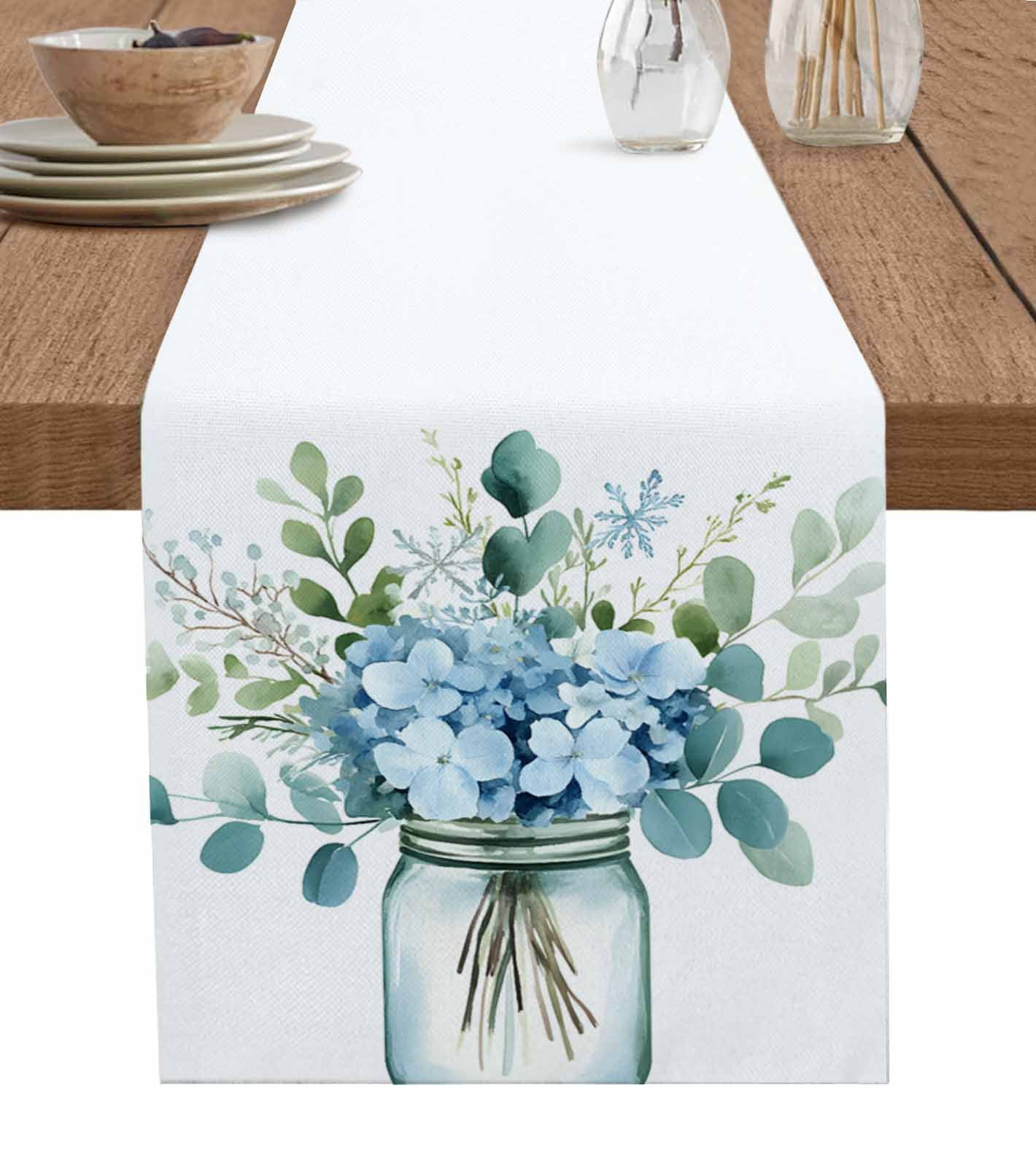 Teal Spring Floral Table Runner 72 Inches, Watercolor Summer Flowers ...