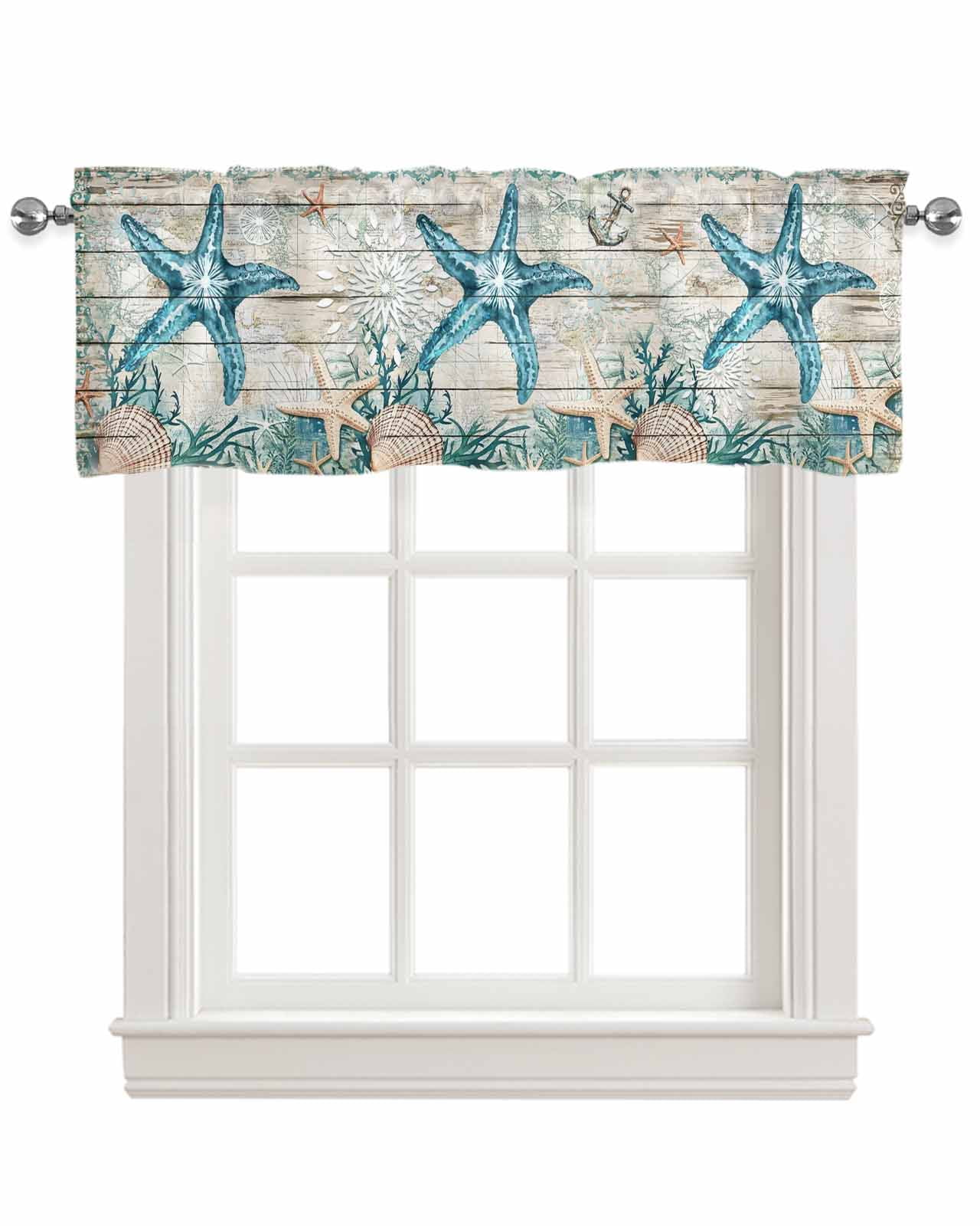 Teal Starfish Coastal Kitchen Valances for Windows Farmhouse Linen ...