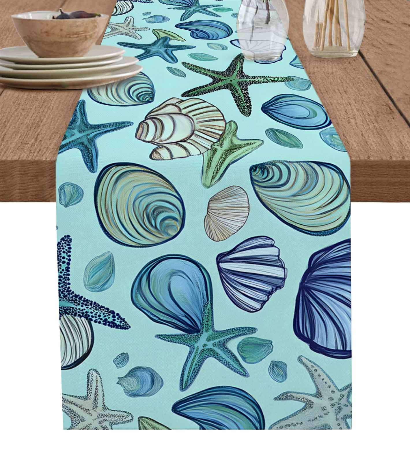 Teal Starfish Coastal Table Runner 72 Inches, Summer Beach Conch Shell ...