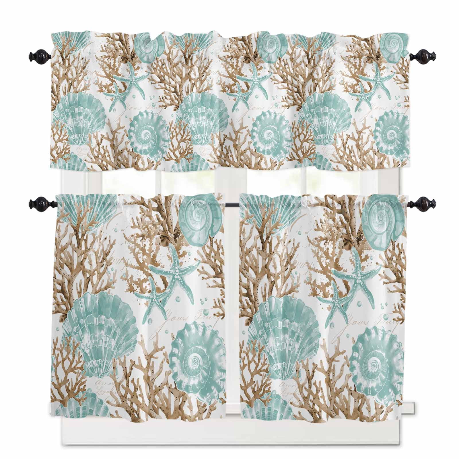 Teal Starfish Shell Kitchen Curtains and Valances Set, Brown Watercolor ...
