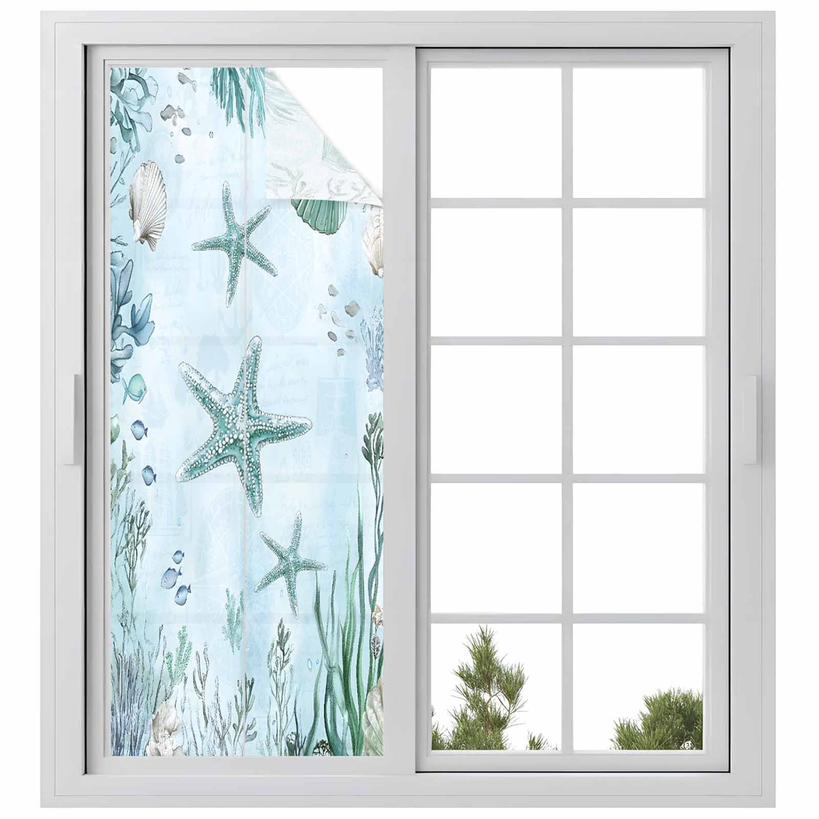Teal Starfish Window Privacy Film Summer Shell Coral Watercolor ...