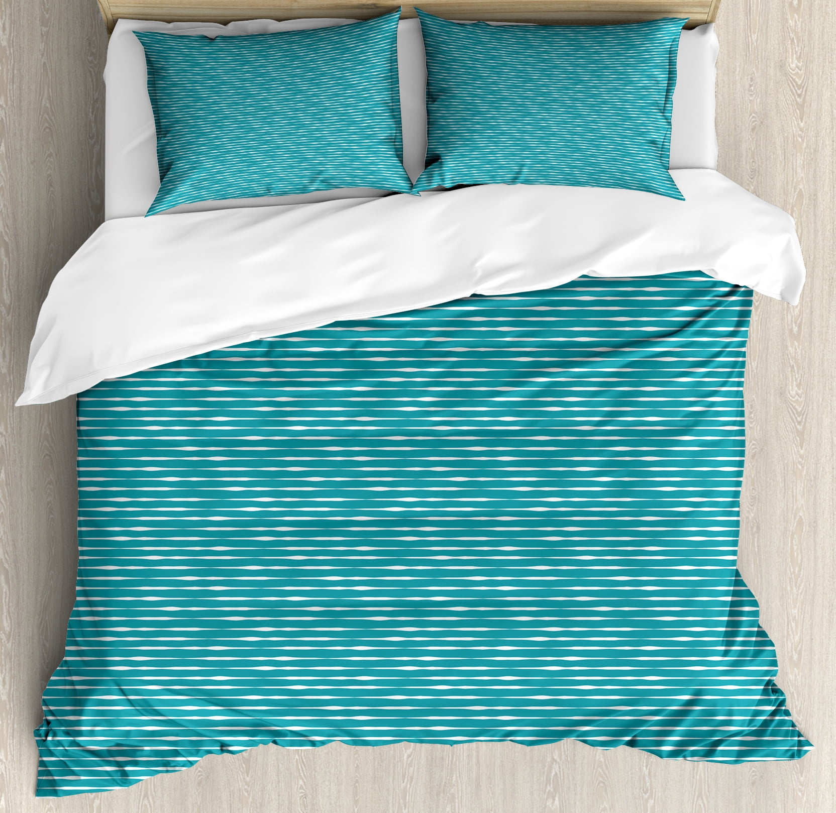 Teal Stripe Duvet Cover Set, Horizontal Wavy Lines in Monochrome Design ...