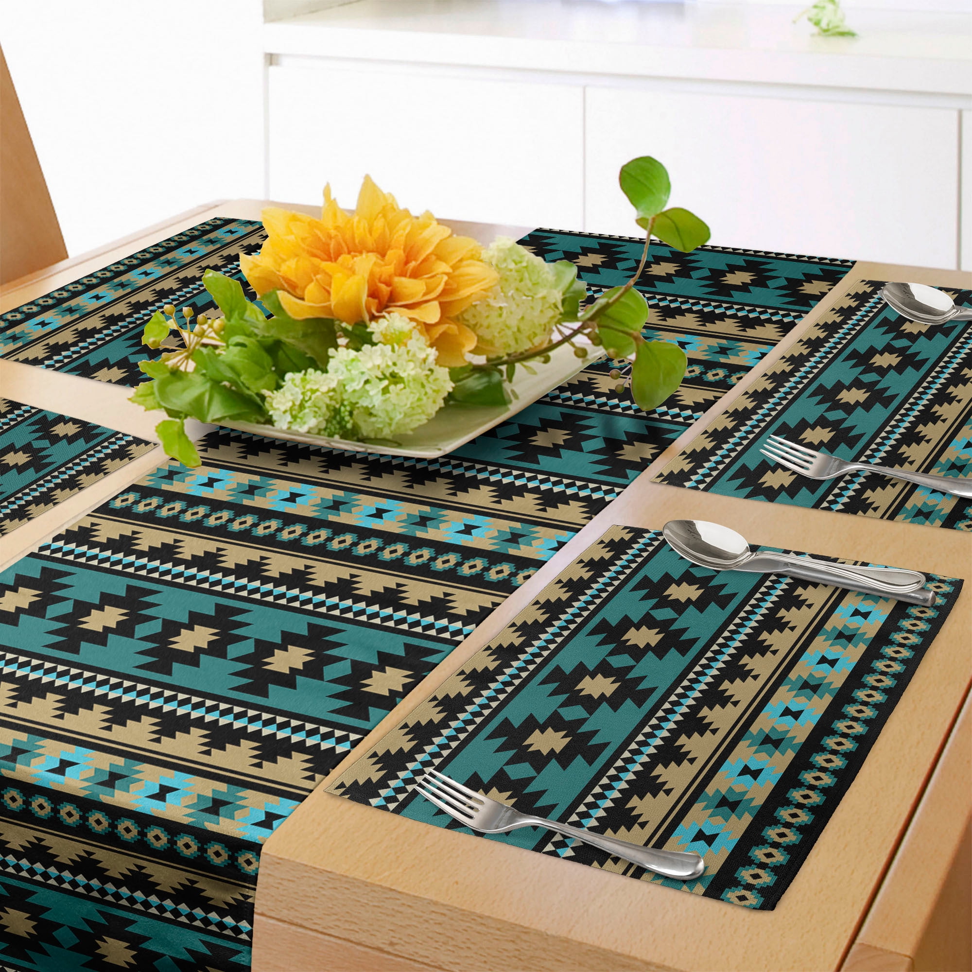 Teal Stripe Table Runner & Placemats, Ethnic Illustration of Aztec ...