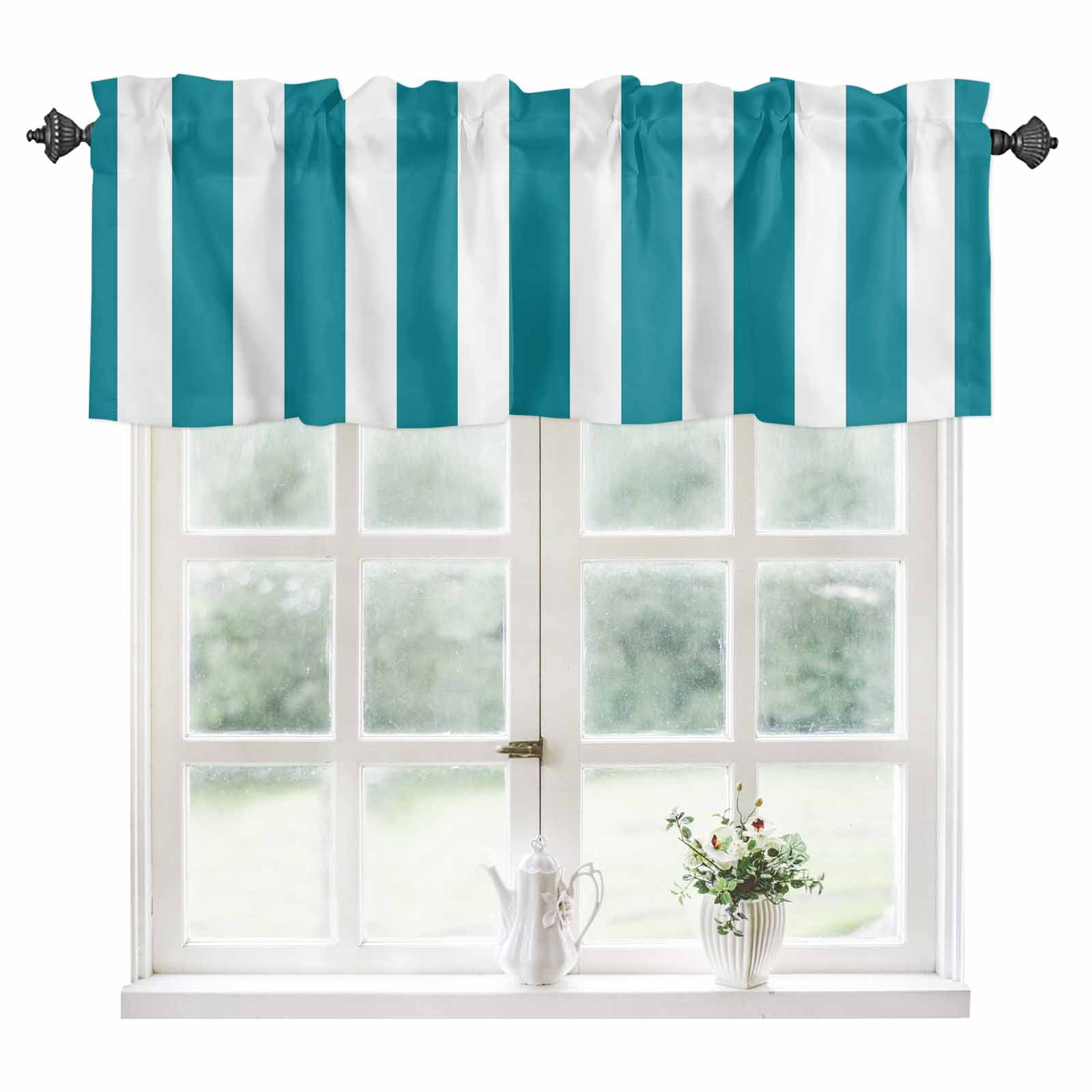 Teal Striped Kitchen Valances for Windows 42x12 Inch Kitchen Curtains ...