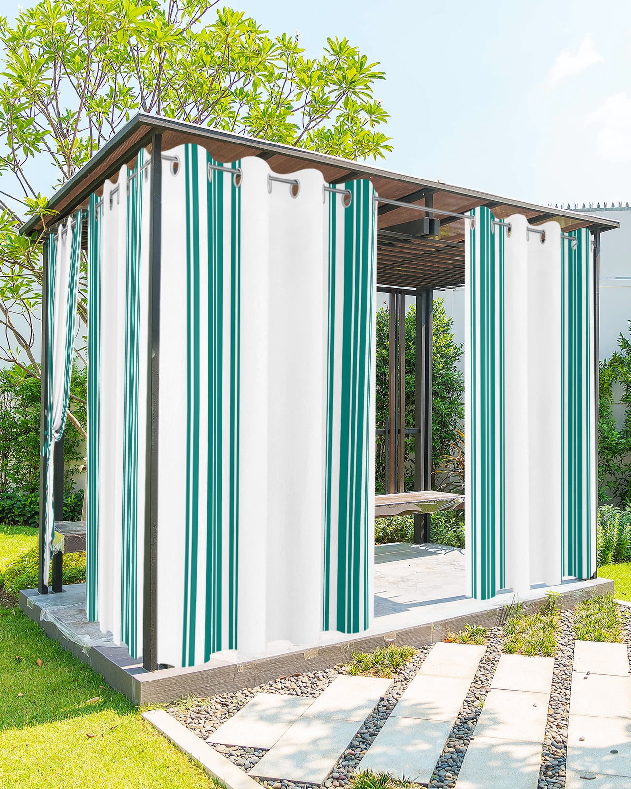 Teal Striped Outdoor Curtains for Patio, Modern White Striped Abstract ...