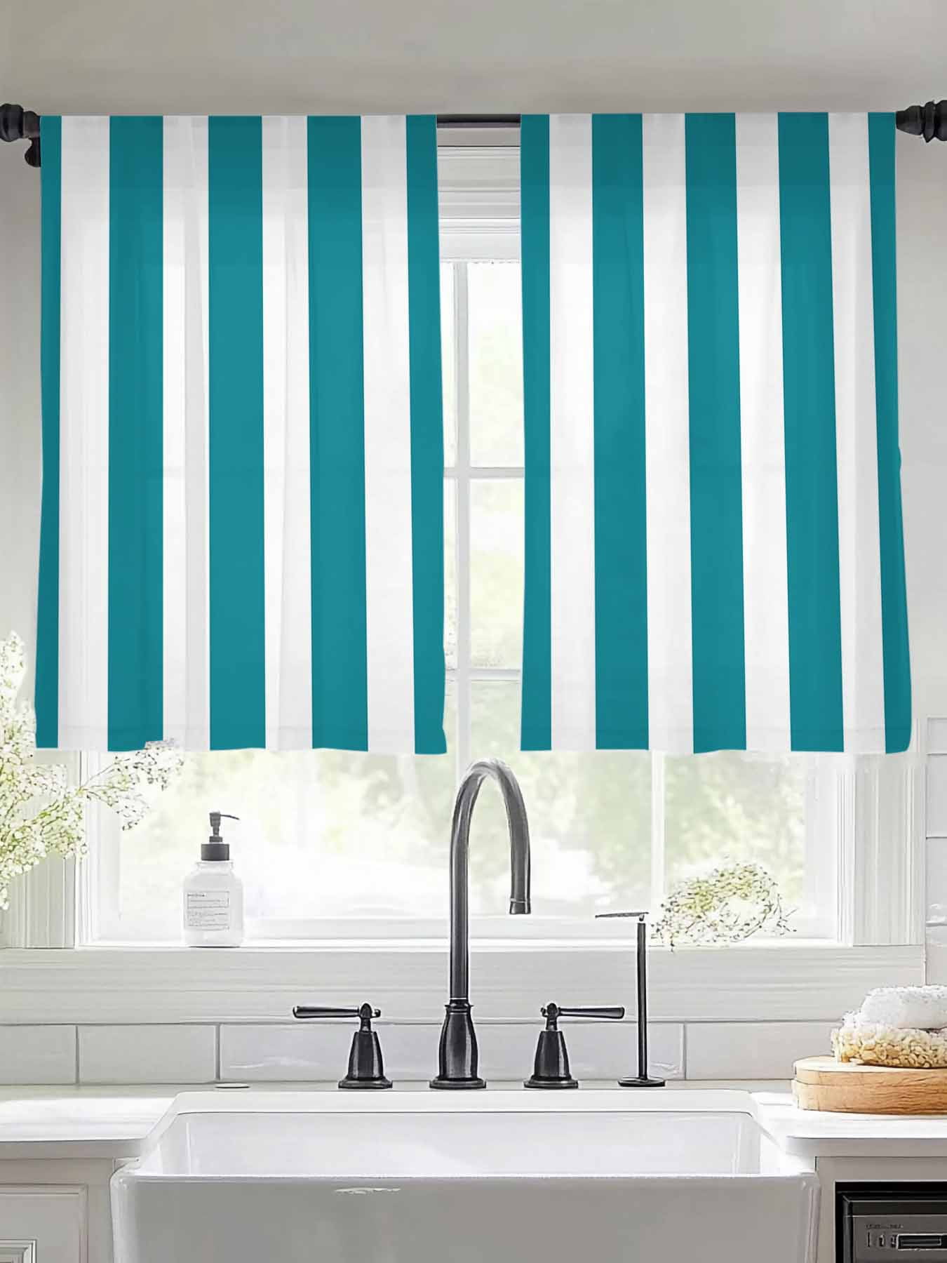 Teal Striped Sheer Curtains for Living Room Bedroom Simple Art Vertical ...