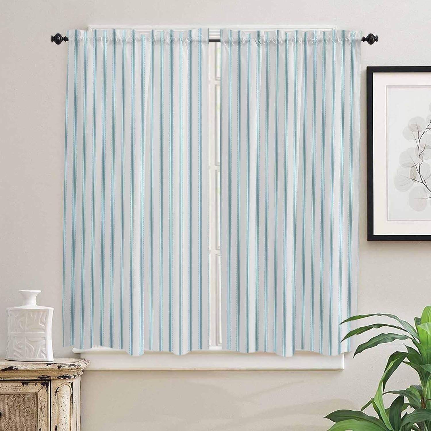 Teal Striped Window Curtains 63 Inch Length, Farmhouse Modern Teal ...