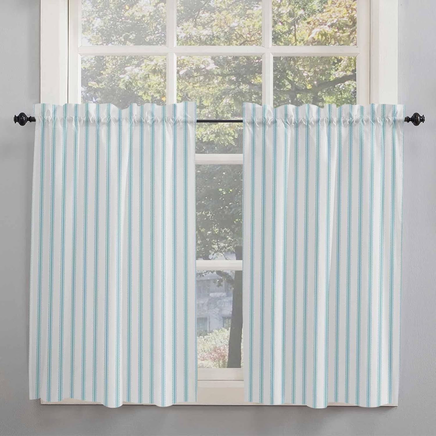 Teal Striped Window Short Curtains 63 Inch Length, Farmhouse Modern ...