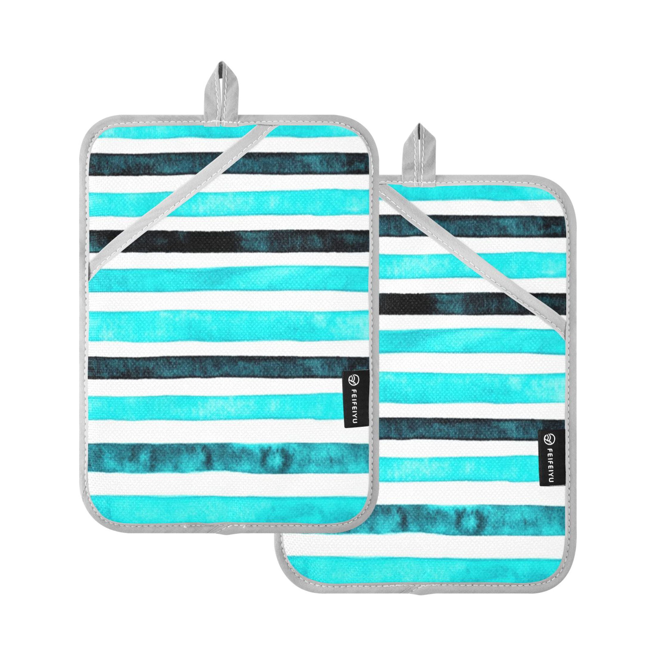 Teal Stripes 7x9.8in Pot Holder Set Heat-Resistant Oven Hot Pads ...