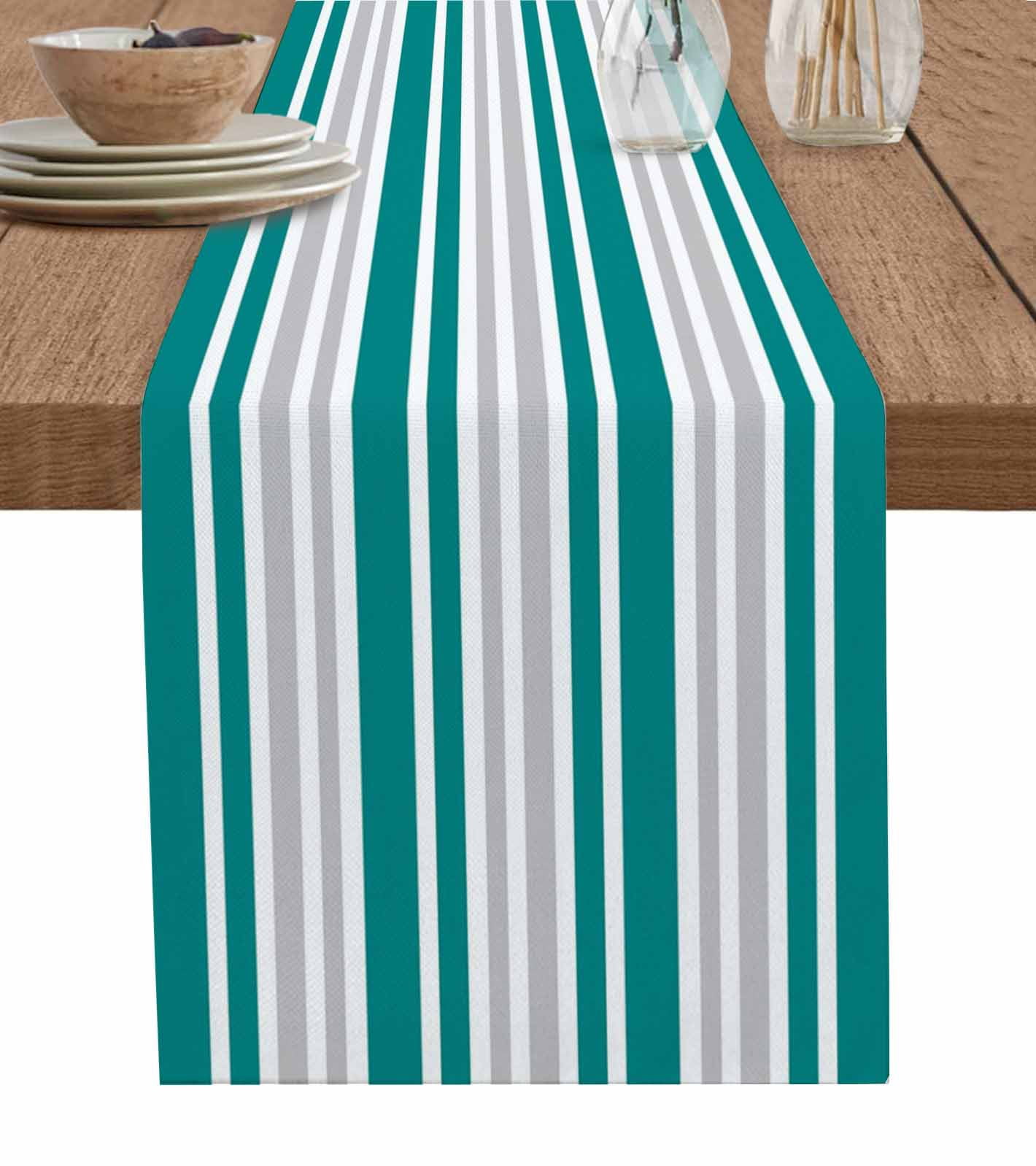 Teal Stripes Table Runners 72 Inches Long, Cotton Linen Fabric Table ...