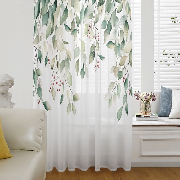 Teal Summer Eucalyptus Leaves Sheer Curtains 96 Inch Length, Light ...