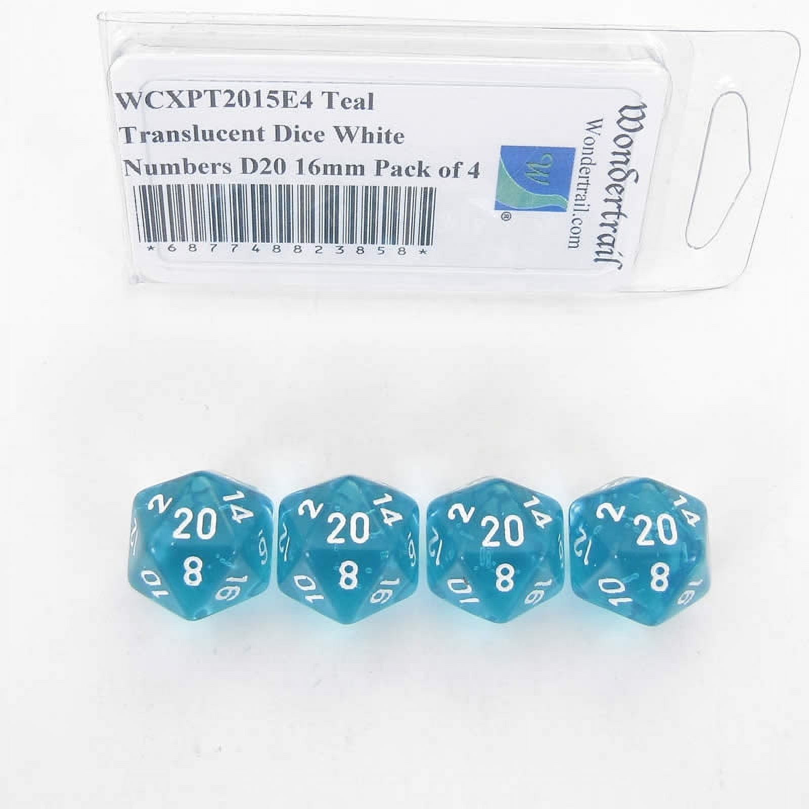 Teal Translucent Dice with White Numbers D20 Aprox 16mm (5/8in) Pack of ...